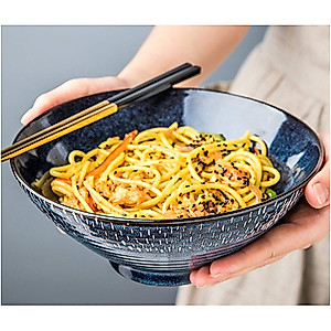 Threaded BowL 8" Ceramic Soup Bowl Ramen Bowl, Blue Thread Rice Bowl, Large Fruit Salad Bowl, Kitchen Tableware Cereal Bowl (Color : Blue2, Size : 8")