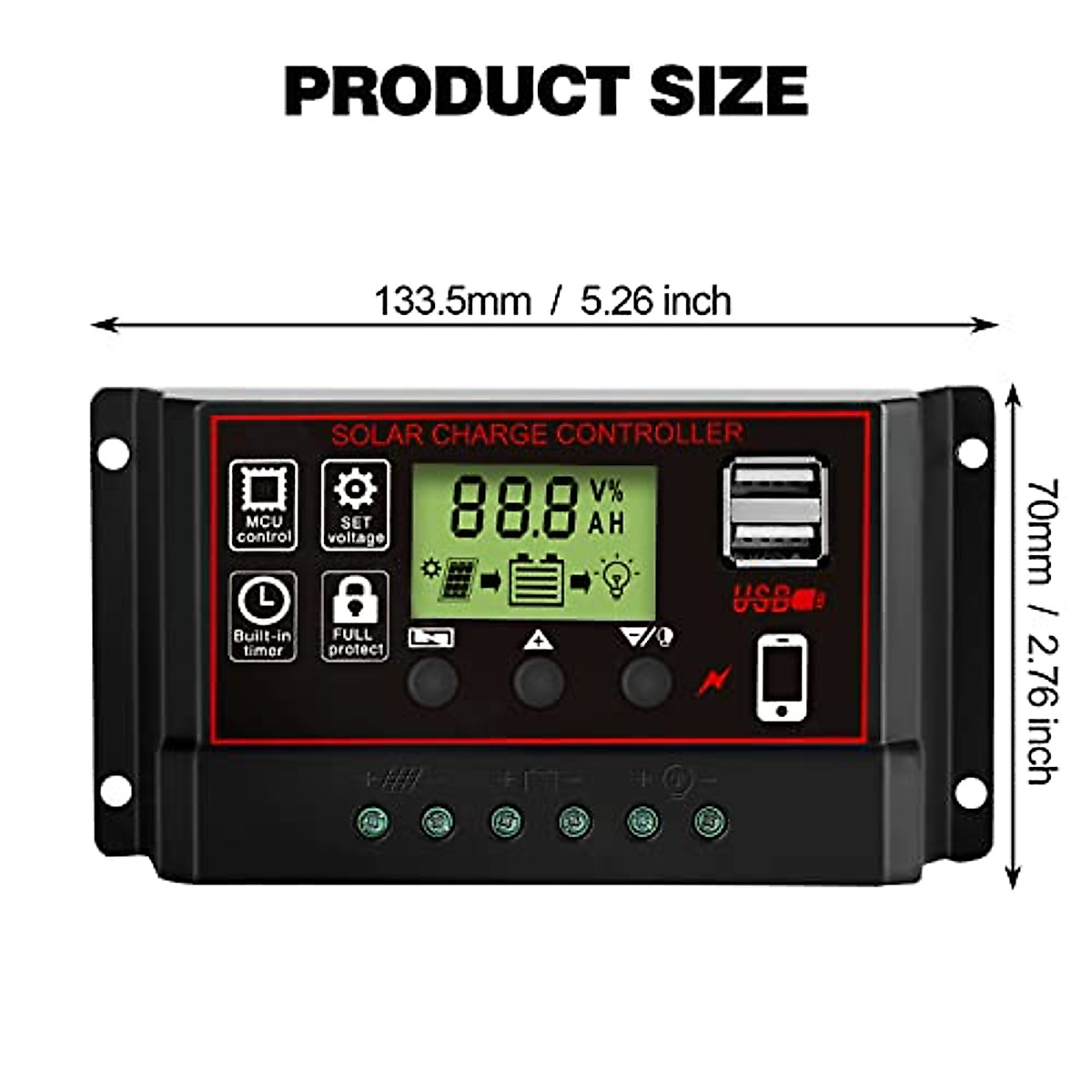 WERCHTAY 60A Solar Charge Controller 12v/ 24v PWM Solar Panel Charge Controller Intelligent Regulator with 5v Dual USB Port Display Adjustable Parameter LCD Display and Timer Setting ON/Off Hours