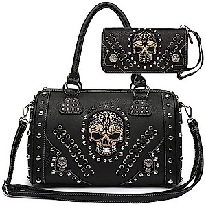 Sugar Skull Day of the Dead Punk Art Purse Removable Strap Women Satchel Handbag Shoulder Bag Wallet Set (Black Set)