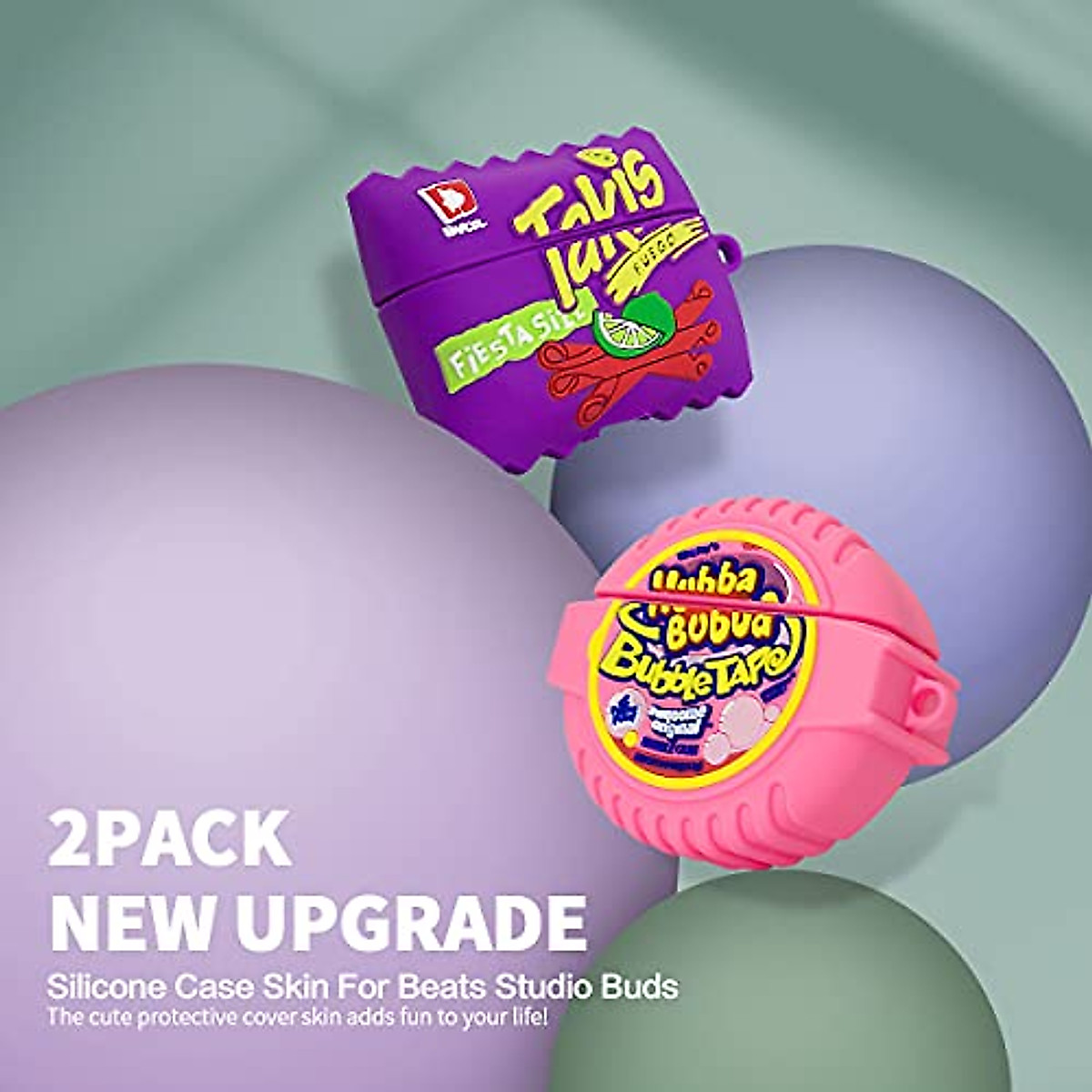 [2Pack] for Beats Studio Buds 2021 Case Cover, Cute Cartoon Silicone Protective Skin for 2021 Beats Studio Buds Case with Keychain for Girls Boys Kids Women Men (Purple Potato Chips+Bubble Gum)