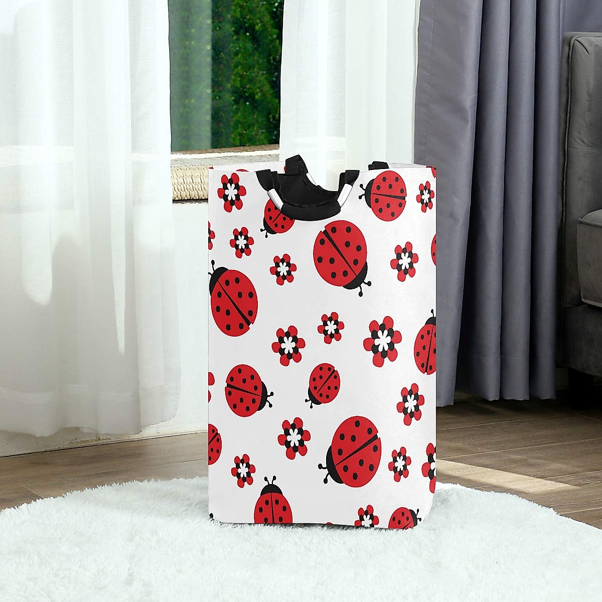 Ladybugs Laundry Hamper, Flower Floral Foldable Laundry Basket with Handles Collapsible Hamper Dirty Clothes Toys Organizer Bag for Laundry Room, Bathroom, Bedroom, College Dorm, Girl Boy Room