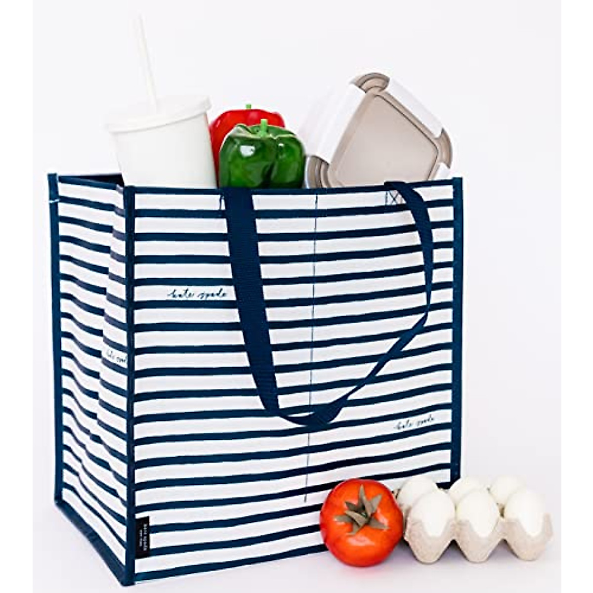 Kate Spade New York Reusable Shopping Bag, Grocery Tote with Shoulder Straps, Large Collapsible Tote, Navy Painted Stripe