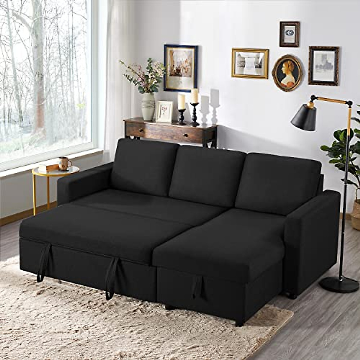 Yaheetech Sectional Sofa L-Shaped Sofa Couch Bed w/Chaise, Reversible Couch Sleeper w/Pull Out Bed & Storage Space, 4-seat Fabric Convertible Sofa, Pull Out Couch, Suitable for Living Room Black