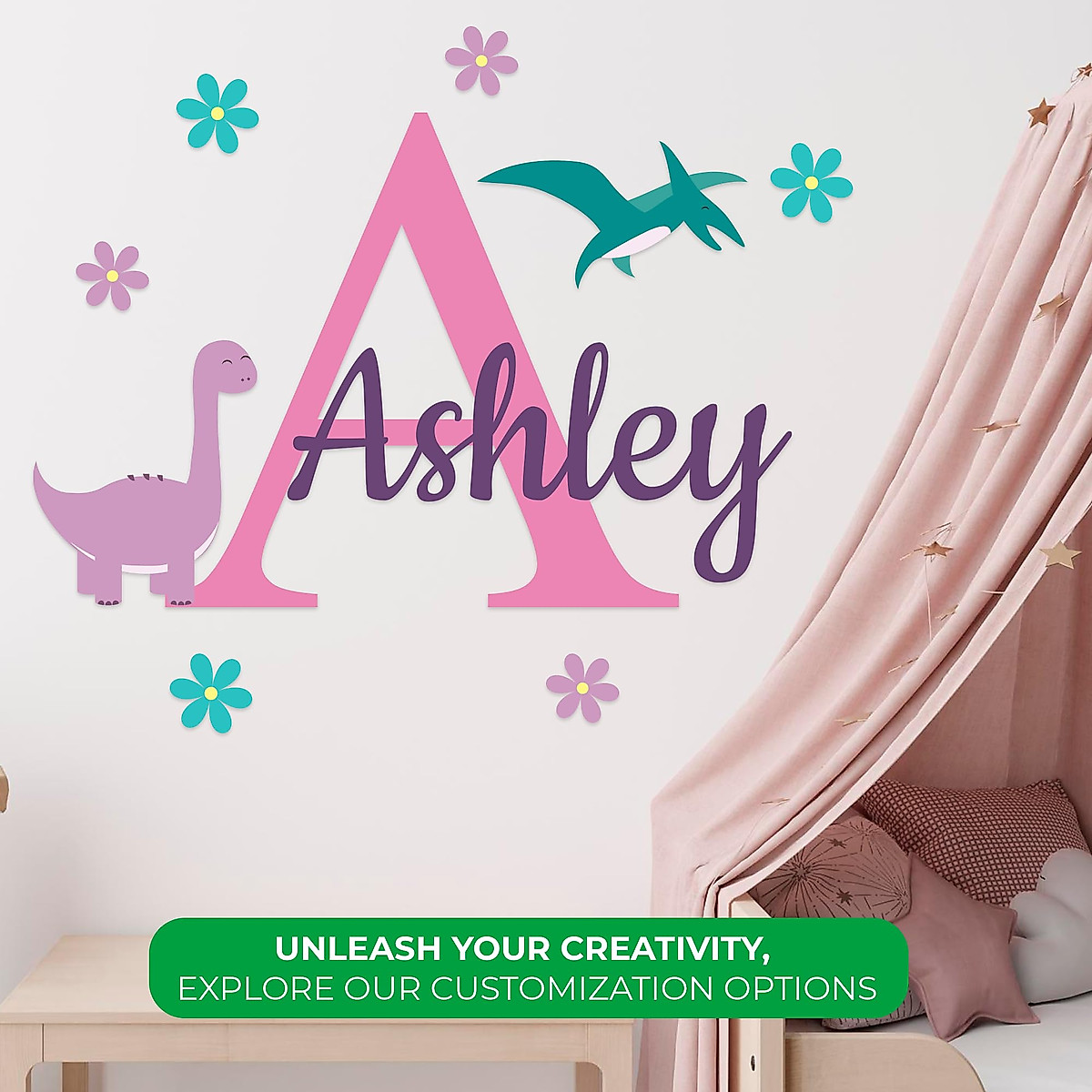 EGD Multiple Font Custom Name & Initial Dinosaur Wall Decals I Personalized Dinosaur Bedroom Decor for Boys or Girls I Birthday Party Supplies I Nursery Wall Decal I Multiple Element Options