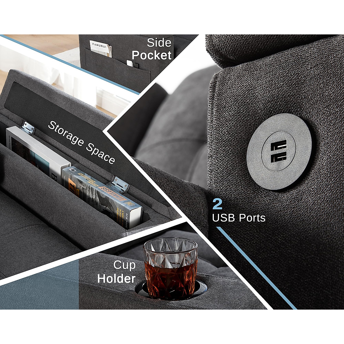 PaPaJet Sleeper Sofa Bed, 110 Inch Oversized Sofa with 2 USB Charging Ports & Cup Holders, U Shaped Pull Out Couch with Storage Chaise & 3 Seater- Dark Grey