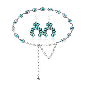 Glenmal Western Concho Chain Belt Turquoise Earrings Set Western Waist Belts Bohemian Turquoise Earrings for Women Men(Noble Style)