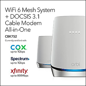 NETGEAR Orbi WiFi 6 Cable Modem Router + Satellite Extender, AX4200, Covers 5000 sq. ft., 40+ Devices