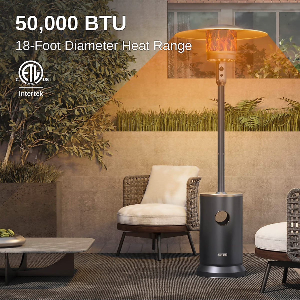 EAST OAK 50,000 BTU Patio Heater with Round Table Design, Double-Layer Stainless Steel Burner, Black & EAST OAK Patio Heater Reflector Shield, Propane Patio Heaters Focusing Reflector