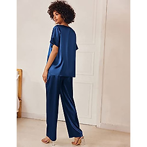 Ekouaer Women's Satin Pajamas Set Soft Short Sleeve Loungewear Two Piece Silky Long Pant Pjs Set Navy Blue