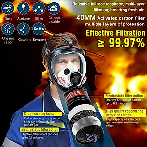 Gas Mask, Full Face Respirator Mask with 40mm Carbon Activated Charcoal Filter Canister - Reusable Large Survival and Chemical Masks for Welding, Vapors, Industrial, Painting, Spray, Polishing