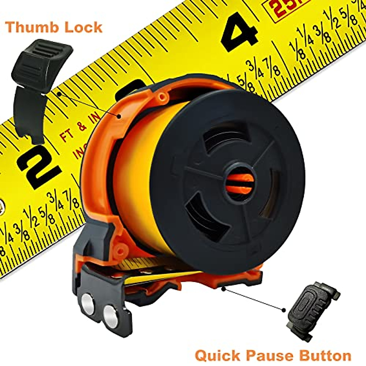 Tape Measure 25 Ft, Easy Read Fractions, Magnetic Hook, Bottom Temporary Finger Lock, Shock Absorbent Rubber Case