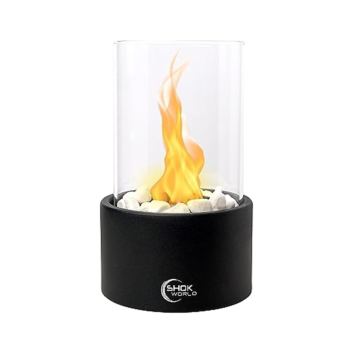 Shok World Concrete Tabletop Fireplace with Glass Stone - Portable Fire Pit Indoor & Outdoor Fireplace for Patio - Decorative Tabletop Fire Pit with Windproof Glass Cover - Bio Ethanol Ventless