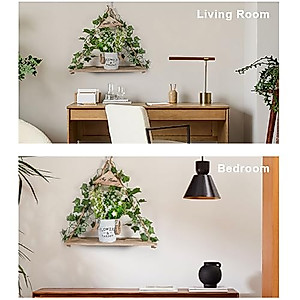 wekneve Artificial Ivy LED-Strip Wall Hanging Shelves - Set of 2 Floating Shelves for Bedroom, Living Room, Kitchen - Wood Wall Decor with Hanging Plant Design - Room Decor with Ambient Lighting