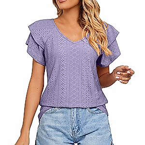 Spring and Summer New Short Sleeve V Neck Shrink Pleated Solid Color Loose Tee Shirt Top Purple