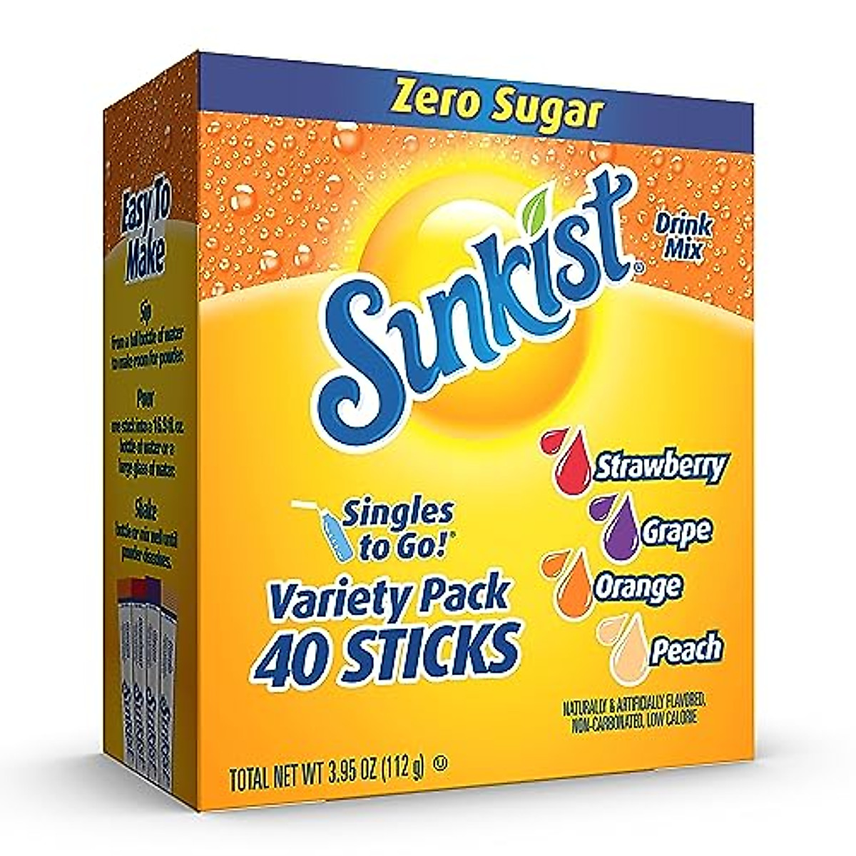 Sunkist Soda Variety Pack, Singles To Go Orange, Strawberry, Grape and Peach (40 Total Sticks)