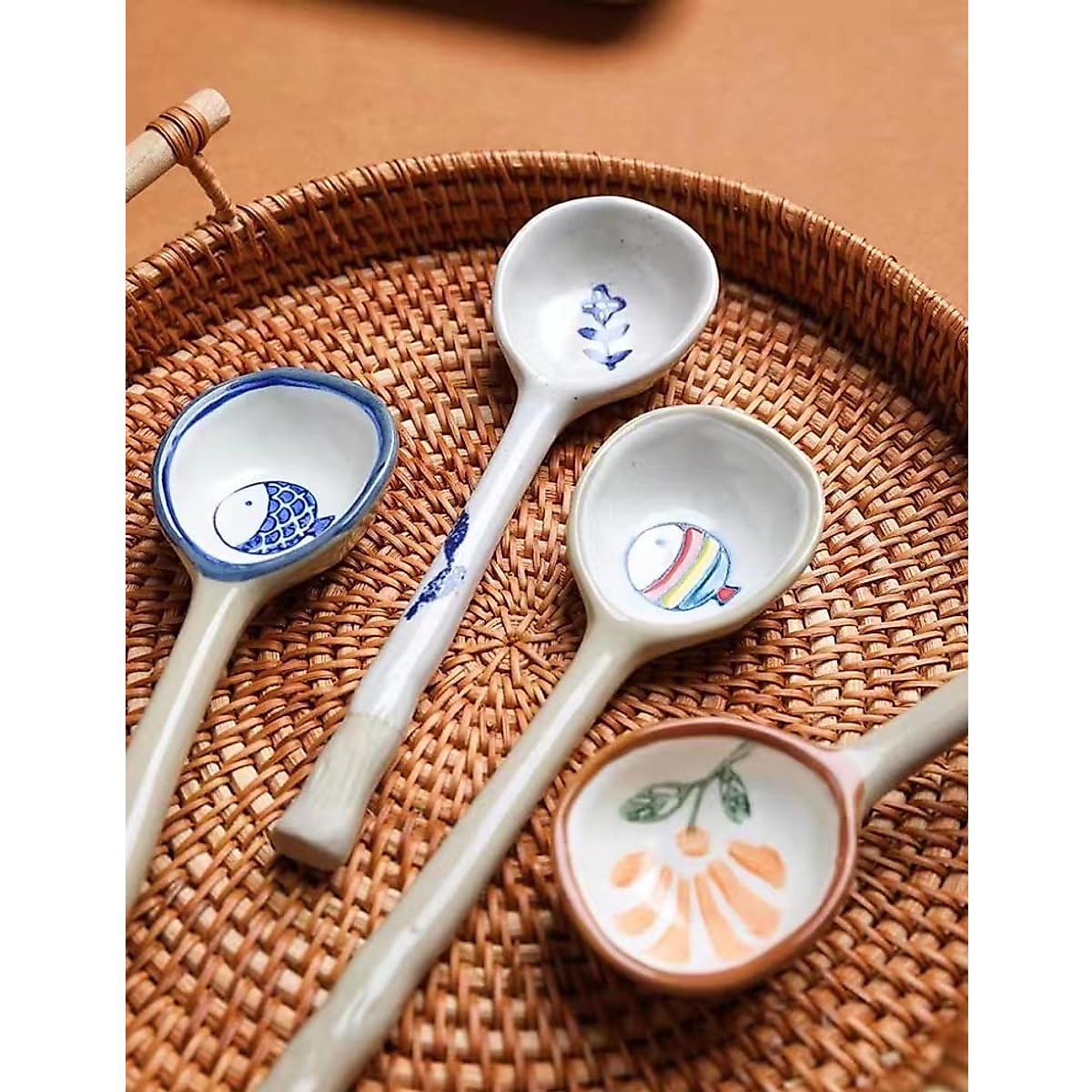 YUURAIN VUVU Japanese Large Spoon, Handmade Long Handle Asian Spoons, Retro Ceramic Spoons, Ramen Spoons, Pho Spoons, Large Soup Spoons with Cute Hand-Painted Pattern, Hand-Kneaded (2 Pieces) - D