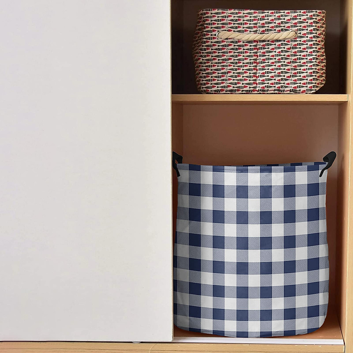 Navy Blue White Plaid Laundry Basket Large 16.5"x17" Waterproof Laundry Hamper, Farmhouse Checkered Buffalo Collapsible Toys Blankets Storage Baskets Clothes Hamper for Bathroom Bedroom Living Room