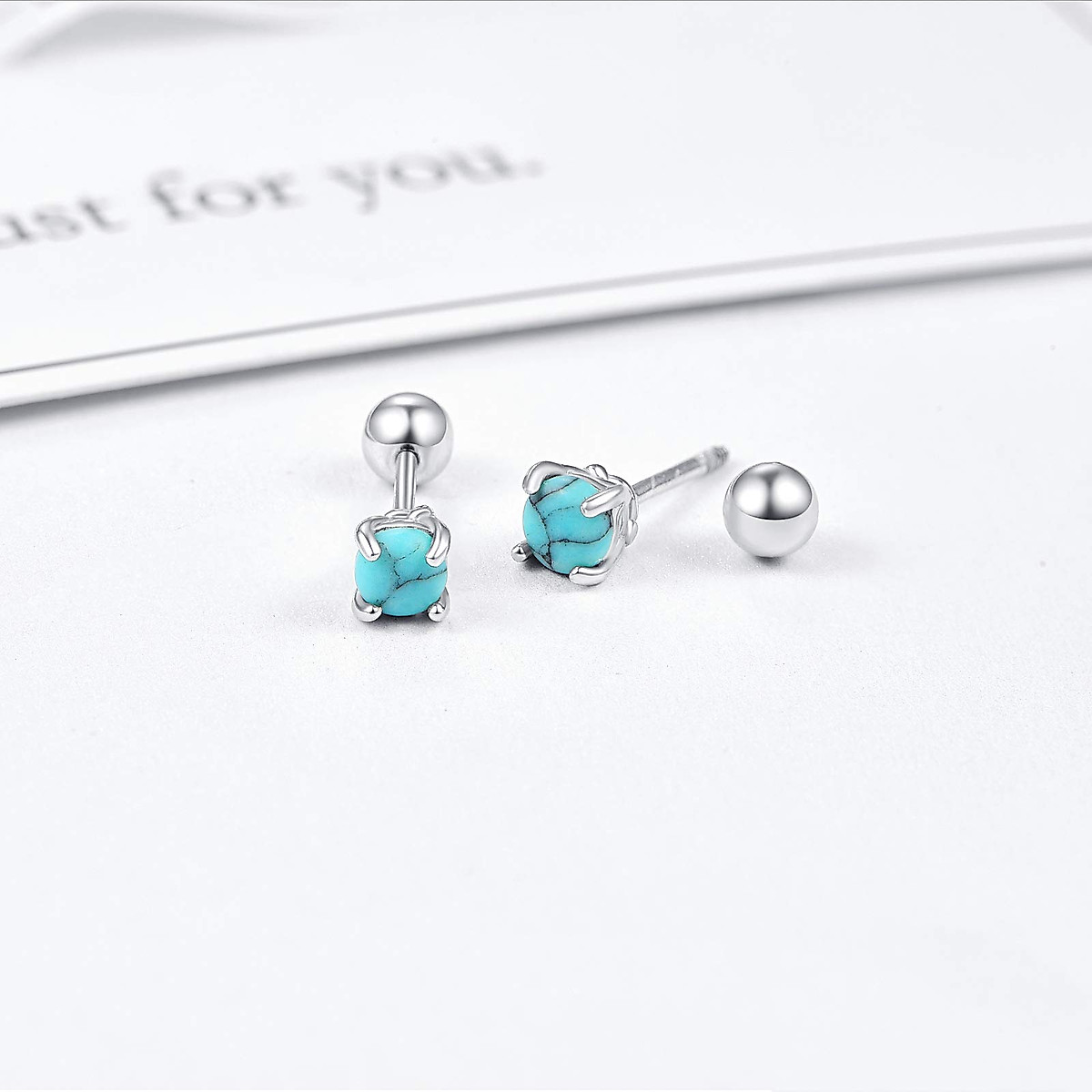 Turquoise Studs Earrings, 4mm Round Shape 925 Sterling Silver Screwback Tiny Small Studs Turquoise Jewelry Mother Day for Women Mom Wife Girlfriend with Box