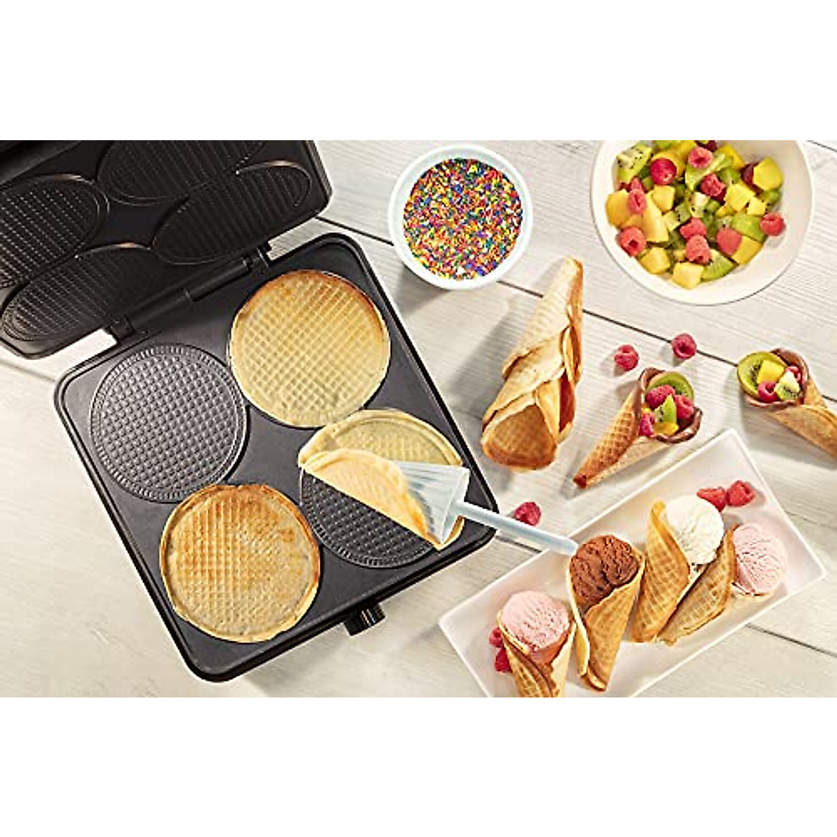 Mini Waffle Ice Cream Cone Maker - Bake 4 Homemade Mini Cones at Once, Includes Shaper Roller - Make Fun Bite Sized Entertaining Desserts for Summer Parties, Special Occasions and Gift Giving Treats