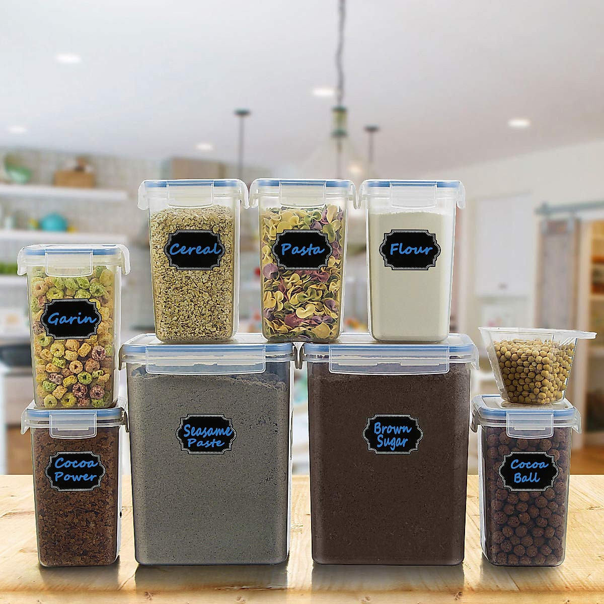 Food Storage Containers - Hangoes Cereal & Dry Airtight Plastic Containers, Set of 8 Kitchen Containers 175.9 Oz/ 54.1 Oz with 1 Measuring Cup & 20 Chalkboard Labels & 1 Liquid Chalk Marker
