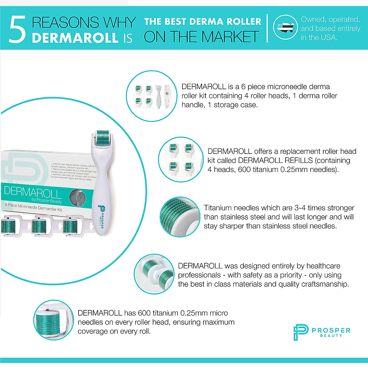 Derma Roller Microneedle 6 Piece Kit [DERMAROLL by Prosper Beauty] Face Roller with 4 Replaceable Heads Exfoliation Microdermabrasion Micro Derma Skin Care Tool Dermaplaning Microneedling