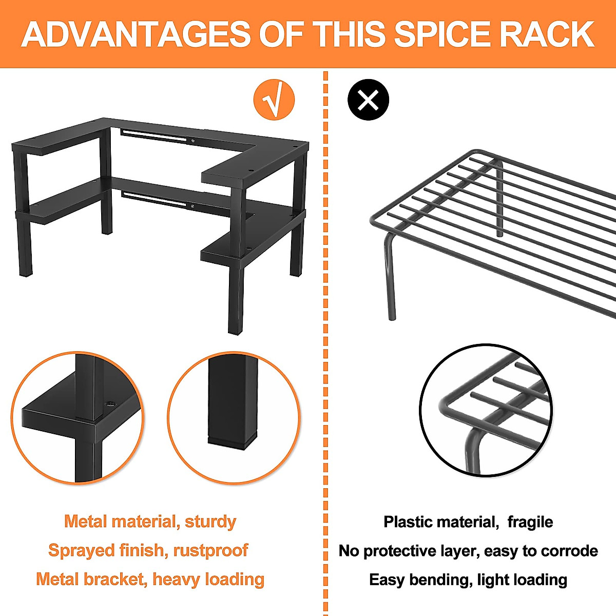 Mystozer Metal Kitchen Spice Rack, Spice Organizer for Cabinet with Double-Layer Expandable, Seasoning Rack for Countertops, Pantries and Cabinets (Black)