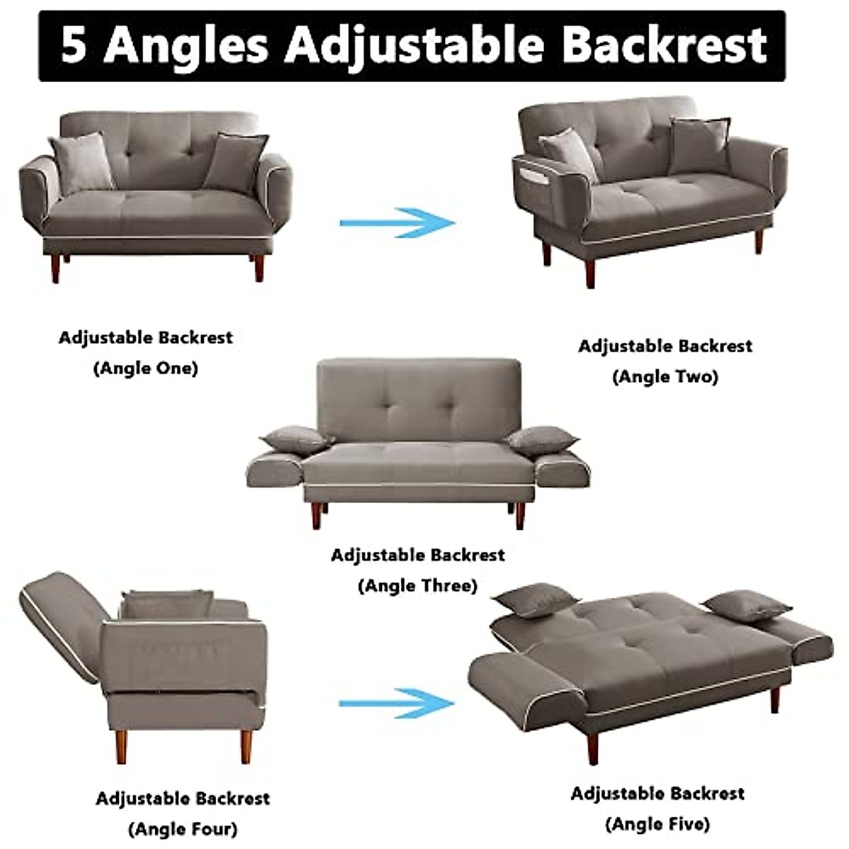 Convertible Futon Sofa Bed with 2 Pillows, Small Loveseat Sleeper Sofa Futon Couch, Recliner Couch with Adjustable Armrest and Wood Legs, Living Room Sofa with 5-Angle Backrest for Small Space (Grey)