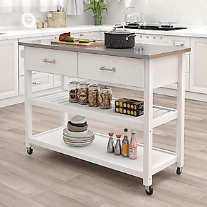 RASOO Kitchen Island White Stainless Steel Top Kitchen Cart On Wheels with 2 Drawers and Storage Shelves, 47.24"x19.68"x35.82"(LxWxH