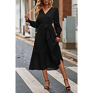 PRETTYGARDEN Women's Floral Print Boho Dress Long Sleeve Wrap V Neck Ruffle Belted A-Line Flowy Maxi Dresses (Solid Black,Large)