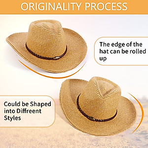 Western Cowboy Hat with String for Women Men Foldable Summer Sun Protection Straw Beach Hats with Wide Brim Khaki