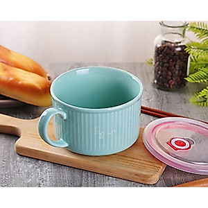 WHJY 30oz Ceramic Bowl with Lid and Handle for Soup and Instant Noodles Soup Mug, Modern Simple Style, with Heat Preservation Handle - Blue