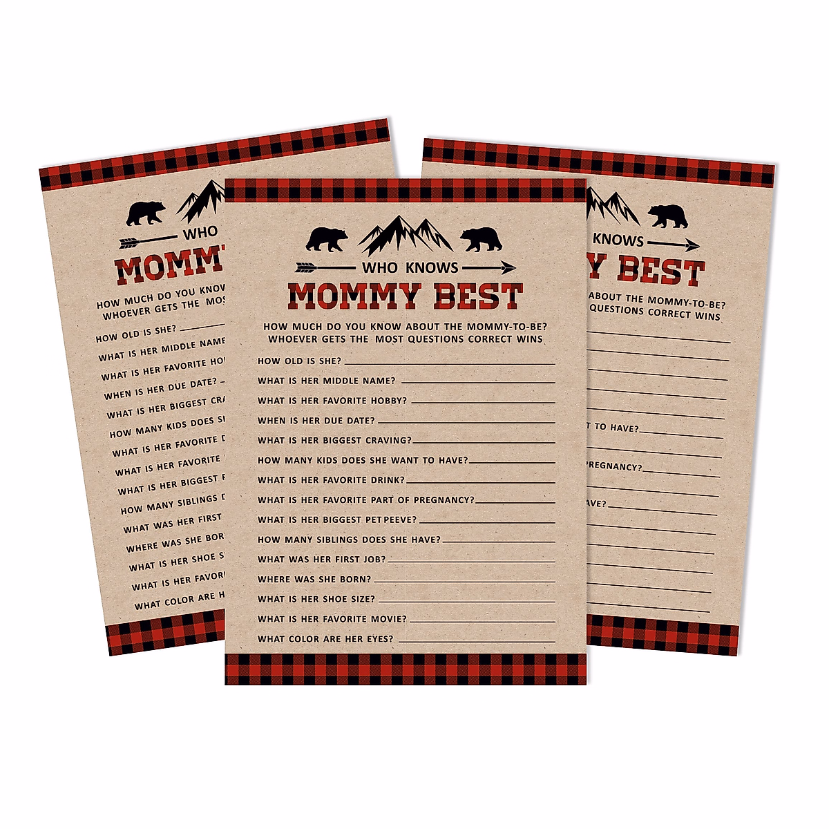 Inkdotpot Gender Neutral 50-Pack Who Knows Mommy Best Rustic Kraft Baby Shower Game Cards Lumberjack Fun Activity Cards