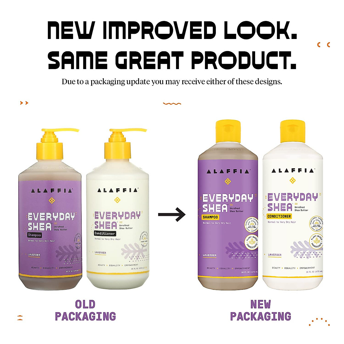 Alaffia EveryDay Shea Shampoo and Conditioner - Normal to Very Dry Hair, Cleans and Protects, Supports Balance pH for Luxurious Locks with Shea Butter and Coconut Oil, Lavender, 16 Fl Oz Each