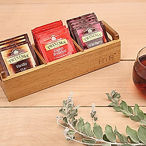 HTB Small Tea Bag Box Wooden, 3 Compartments Acacia Wood Tea Bag Chest with Handle, Mini Countertop Divided Storage Container for Beverage Supplies, Sugar, Sweeteners, Individual Packets