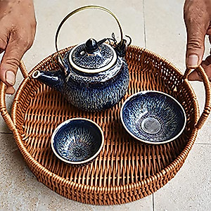 3 Pack Woven Serving Tray with Handles, Imitation Rattan Woven Tray, Hand-Woven Tray,Woven Basket, Storage Basket, Round Double Handle (Imitation Rattan, Brown)