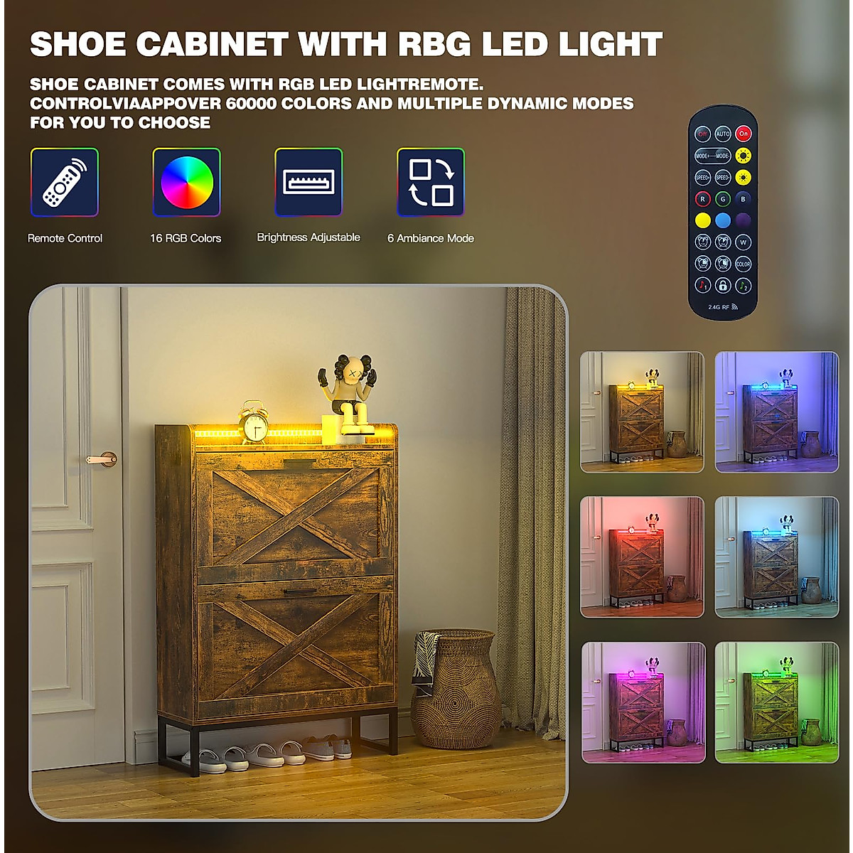 HAIOOU 2 Drawer Industrial Shoe Cabinet, Slim Freestanding Wood Shoe Rack Storage Organizer Stand with Flip Doors, Open Storage Shelf, Anti Toppling for 15-18 Pairs Rustic Brown