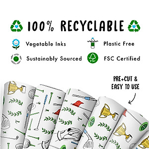 CENTRAL 23 Golf Wrapping Paper - 6 Sheets White Wrapping Paper For Men Dad Grandpa Uncle - Golf Sports Club - Comes With Stickers - Recyclable - Christmas Wrapping Paper Sheets