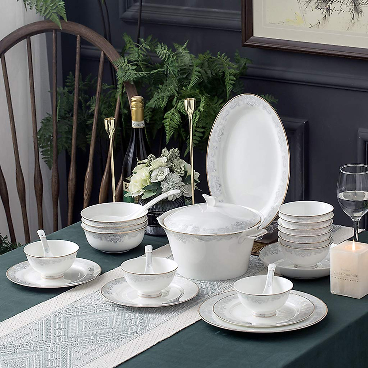 Stylish Dinner Plates,Ceramics Dinnerware Set, Cereals Bowl & Dish & Soup Pot | 58 Pieces Bone China Dinner Sets for Wedding Gifts - Elegant Porcelain Combination Set