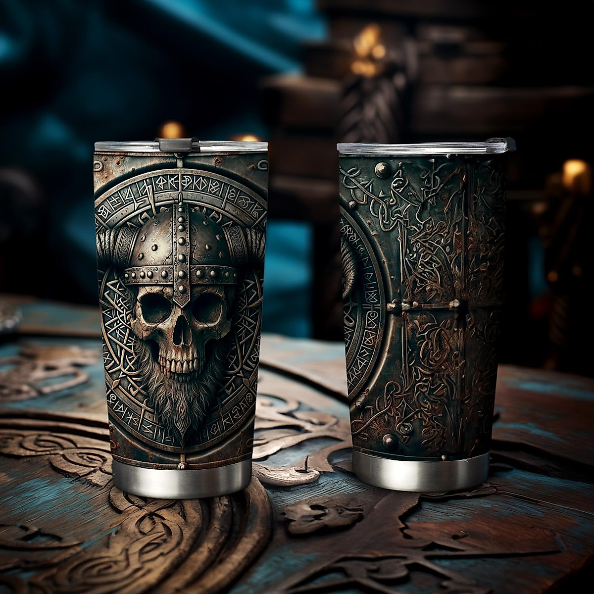 20oz Viking Celtic Warrior Skull Tumbler, Norse Mythology, Viking Gifts for Men, Coffee Thermos for Men, Stainless Steel Double Wall Vacuum Insulated Coffee Mug, Travel Cup with Lid