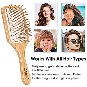 Hair Brush-Natural Wooden Bamboo Brush and Wooden Comb Set Paddle Hairbrush for Women Men and Kids Make Thick Curly Hair Health and Massage Scalp
