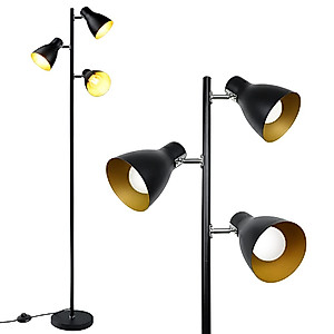 Depuley 3 Lights Tree Floor Lamp, Industrial LED Metal Reading Lamp, Skinny Floor Lamp,Farmhouse Black Standing Light for Living Room, Office, Adjustable Heads, Foot Switch, Bulb Included