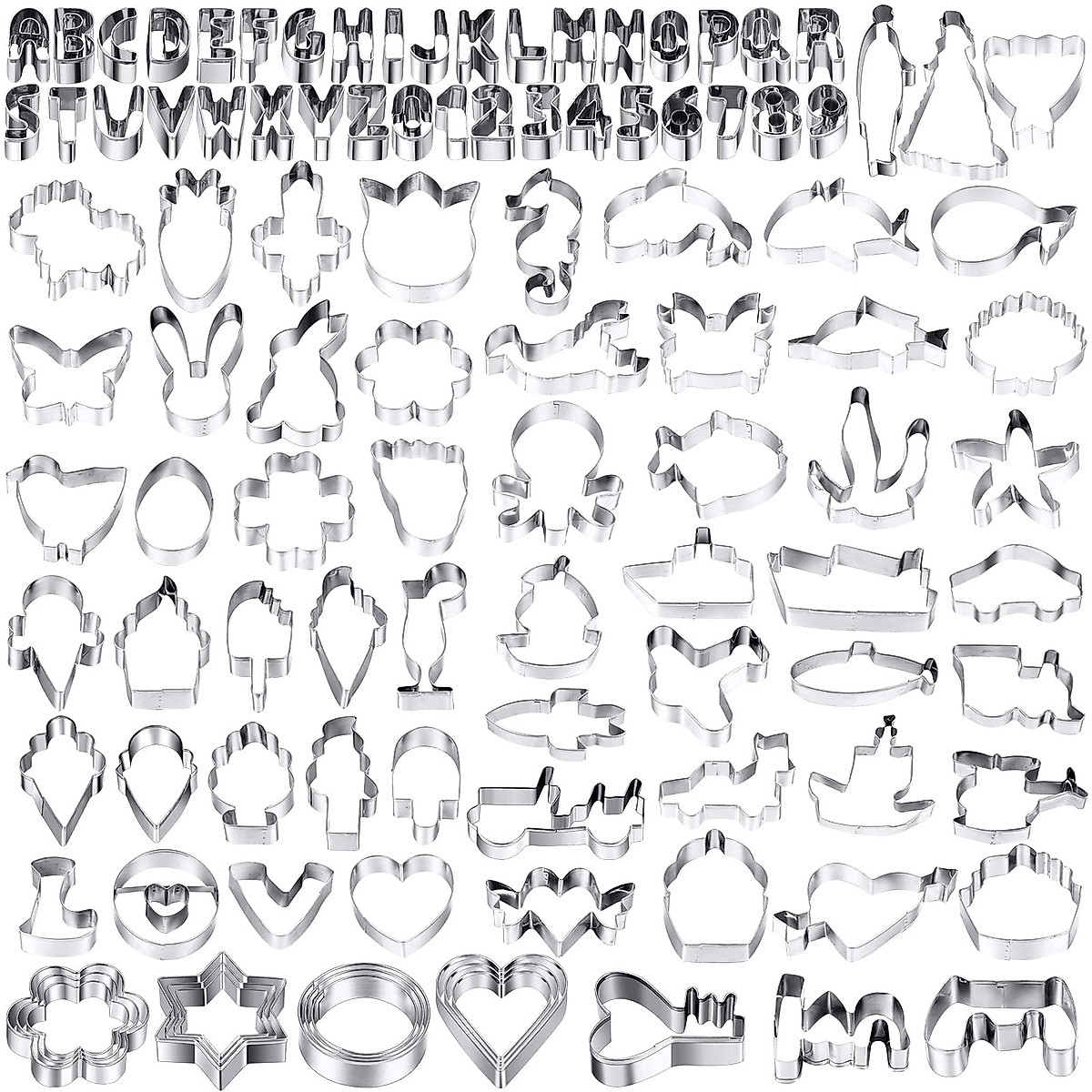 108 Pcs Metal Cookie Cutters Set Stainless Steel Biscuit Cutter Molds Include Heart Star Round Flower Vehicle Sea Creatures Alphabet Numbers Ice Cream Cone Fruit Shapes Cookie Cutters for Baking