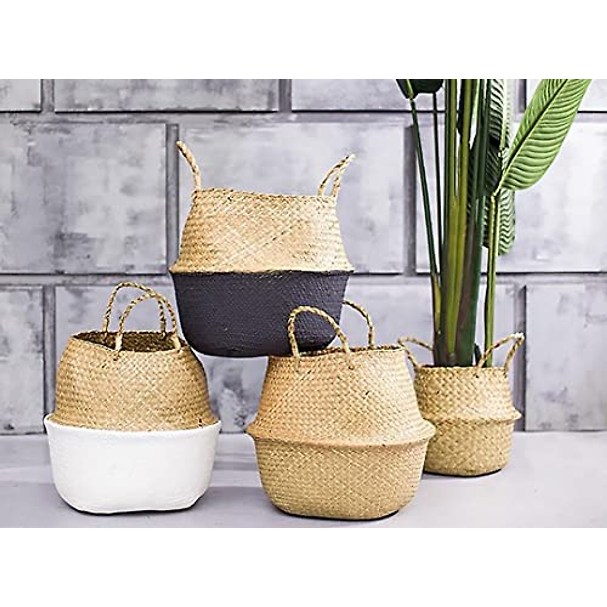 Yesland 2 Pcs Seagrass Plant Basket - Woven Picnic Basket with Handles - Ideal Belly Basket for Storage Plant Pot Basket, Laundry, Picnic, Plant Pot Cover, Beach Bag and Grocery Basket (L)