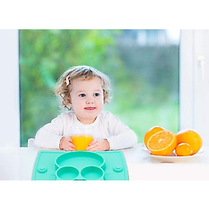 Silicone Divided Toddler Plates - Portable Non Slip Suction Plates Placemat for Children Babies and Kids BPA Free Baby Dinner Plate Bowl (Owl-Cyan)
