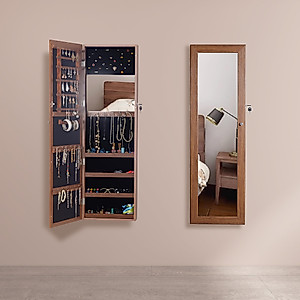 Brefhome Jewelry Armoir, Brown Wood Full Length Mirror Jewelry Cabinet with Storage, Necklace Organizer, Hanging Jewelry Holder Organizer Box