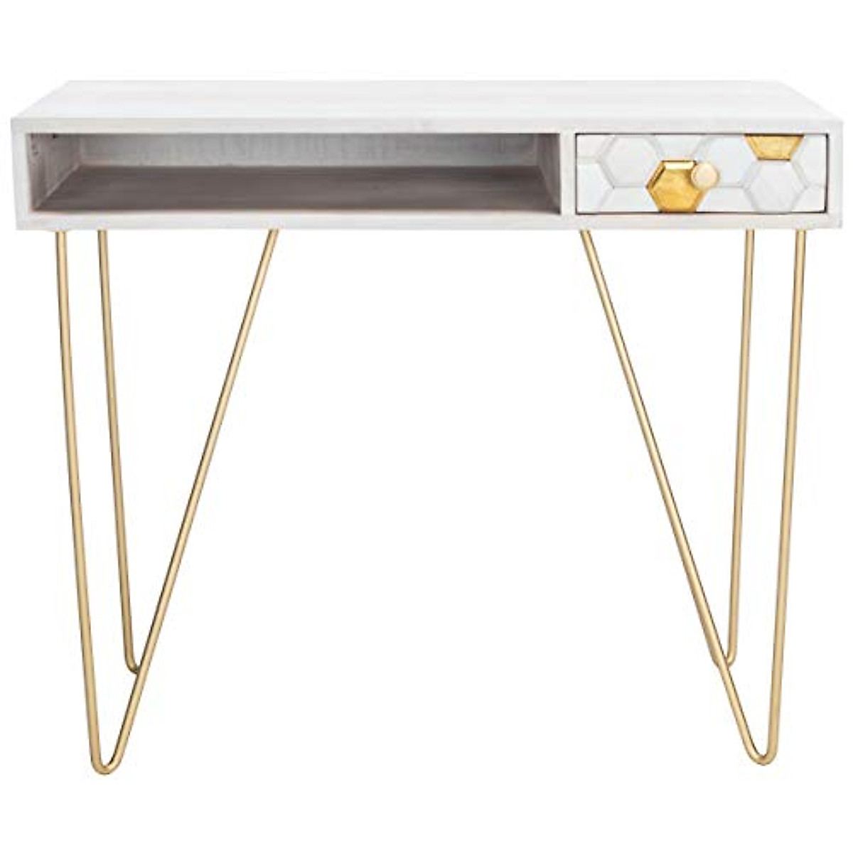 Safavieh Home Office Collection Raveena White Wash and Brass 1-Drawer Hairpin Leg Desk, 0