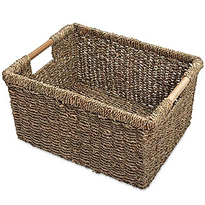 Large Wicker Storage Basket with Wooden Handles, Seagrass Baskets for Shelves, Natural Basket With Handle, Wicker Baskets for Storage 14.5 x 10.3 x 7.5 inches