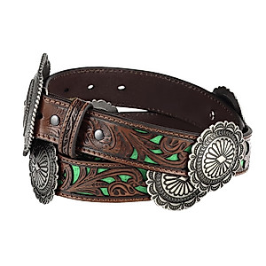 ARIAT Women's Western Belt, Turquoise with Tan Floral Embossed Strap, Silver Conchos, 1-1/4" Width, Large (38" Waist)