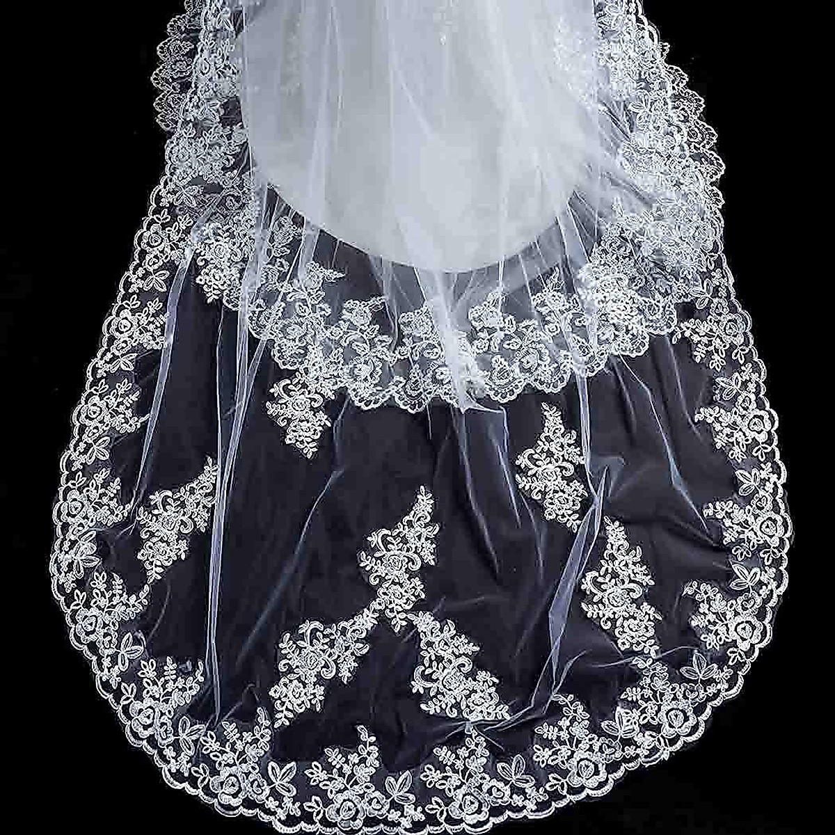 Bmirth 1 Layer Bridal Wedding Veil Cathedral Long Length Lace Bride Tulle Hair Accessories With Comb for women Floral 118" Veil Headpeice (White)