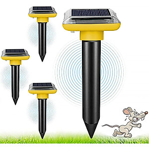 Solar Powered Repeller, 4 Pack Mole Repellent, Gopher Repellent Ultrasonic, Snake Deterrent, Vibration Stakes Outdoor, Repel Vole Gopher for Yard Lawns